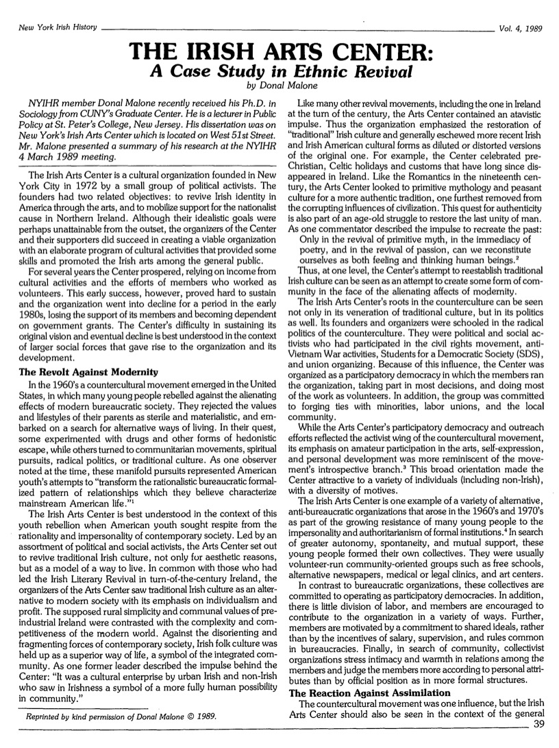 The Irish Arts Center - A Case Study In Ethnic Revival by Donal Mahne ...